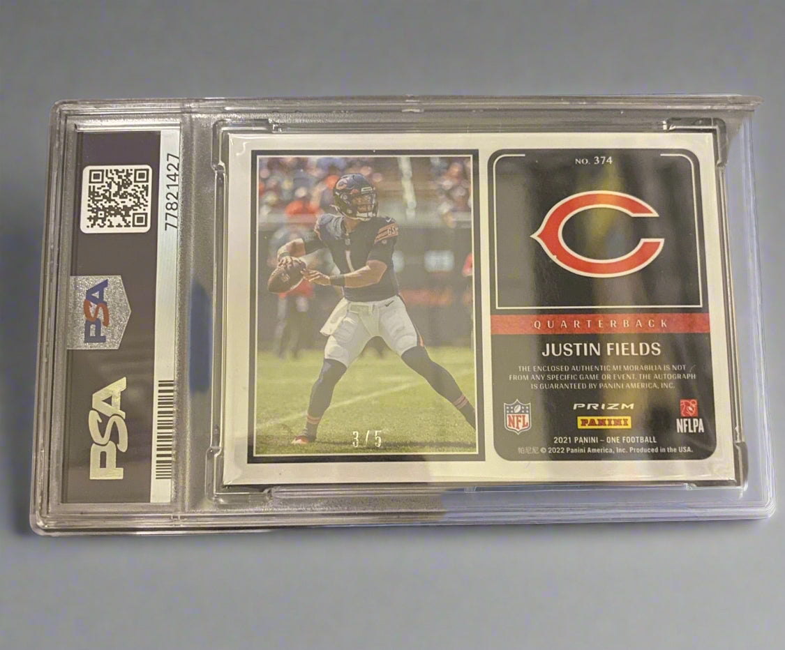 Justin Fields - 2021 Panini One Dual Patch Autograph Red 3/5 PSA Grade ...